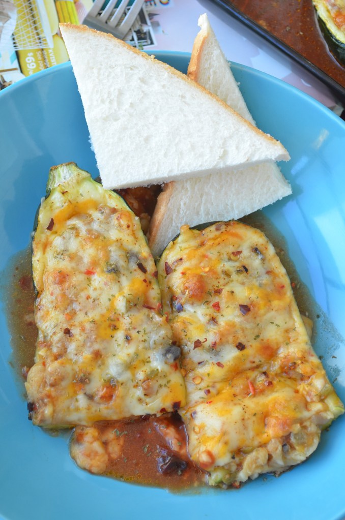 Cheesy Chili Stuffed Zucchini Boat For Two