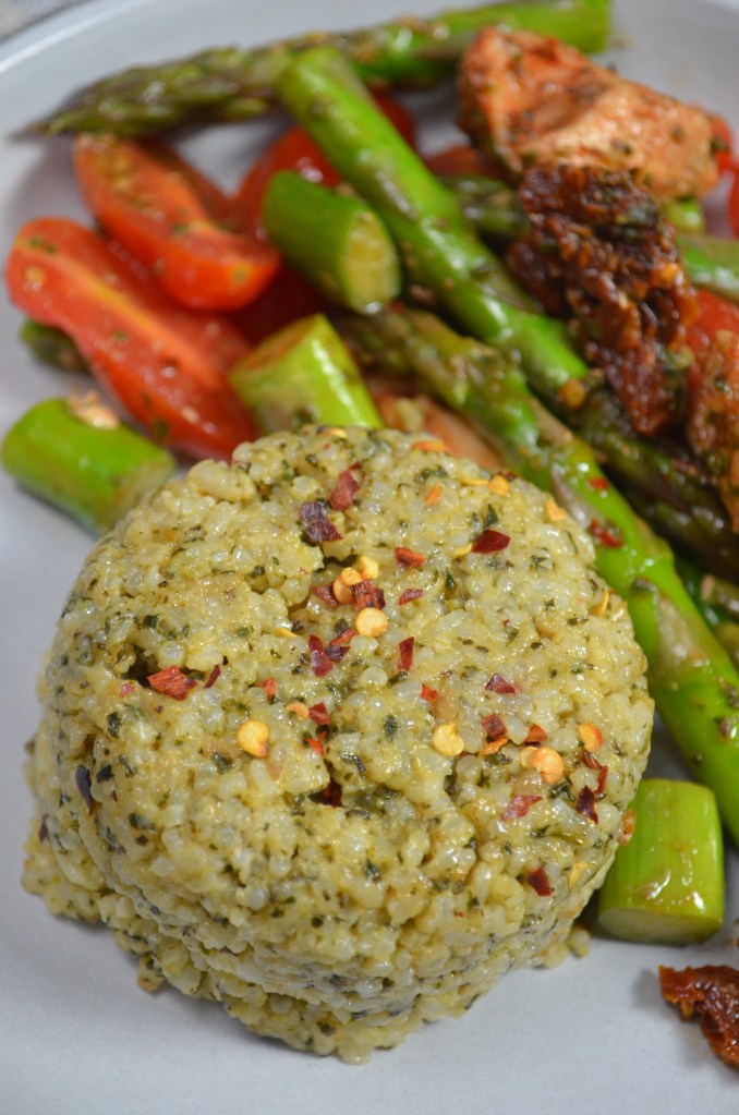 Pan Seared Salmon with Pesto Rice